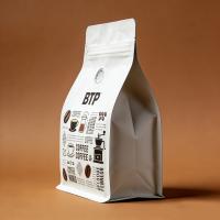 China Custom Printed Stand Up Eight Side Seal Flat Bottom Coffee Bag Light Proof Aroma Lock Pouch With One Way Air Vent Sealed For Roastery Cafe Commercial Coffee Bean Fresh Storage Thick Composite Material for sale