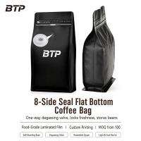 China 8 Side Seal Flat Bottom Coffee Bag With One Way Degassing Valve Resealable Zipper Food Grade Custom Printing Coffee Bean Packaging Bag MOQ 100 High Barrier Light Proof Stand Up Coffee Pouch for sale