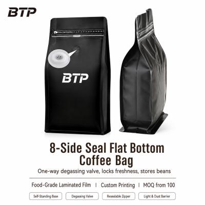 China 8 Side Seal Flat Bottom Coffee Bag With One Way Degassing Valve Resealable Zipper Food Grade Custom Printing Coffee Bean Packaging Bag MOQ 100 High Barrier Light Proof Stand Up Coffee Pouch for sale