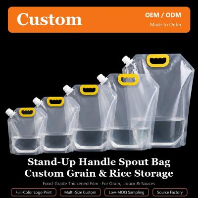 China Custom Stand Up Handle Spout Bag Transparent Rice Grain Storage Pouch Food Grade For Liquor Sauce Full Color Print MOQ100 OEM ODM for sale