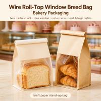 China Food Grade Kraft Paper Bread Bag With Clear Window Wire Roll Top Sealing Stand Up Bakery Packaging Small & Bulk Order Custom Printing for sale