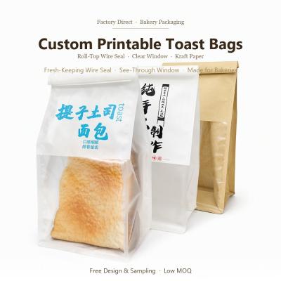 China Food Grade Kraft Paper Bread Bag With Clear Window Wire Roll Top Sealing Stand Up Bakery Packaging Small & Bulk Order Custom Printing for sale