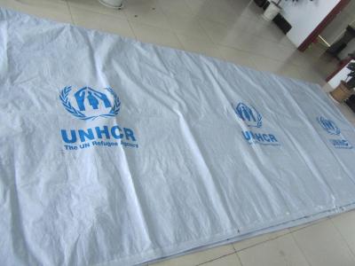 China 1000D / 12*14 black fiber with white color coating UNHCR tarpaulin sheet, printed logo tar for sale