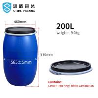 China Caliber 55mm 200 Litre Blue 55 Gallon Plastic Drum With Iron Hoop for sale
