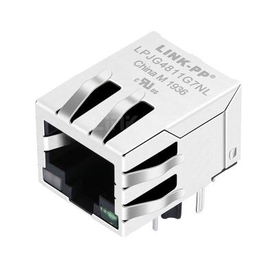 China Pulse JXKM-0013NL Compatible LINK-PP LPJG4811G7NL 100/1000 Base-T Tab Down G&Y/G Led 1 Port Panel Mount Shielded RJ45 Through Connector for sale