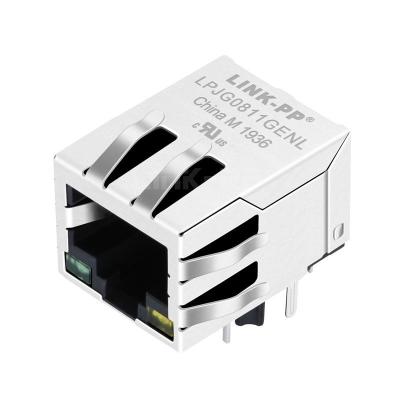China BelFuse C-2250022 Compatible LINK-PP LPJG0811GENL 100/1000 Base-T Tab Down Green/Yellow Led 1x1 Port 10 Pin RJ 45 Female Connector for sale