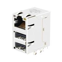 China LPJU4130ALNL 10/100 Base-T Tab Up Green&Orange/Yellow LED with DUAL USB RJ45 Modular Jack Connector for sale