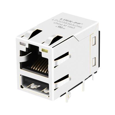 China LPJU3836AONL 1000 Base-T RJ45 Magjack with Single USB Tab Up Orange&Green/Yellow Leds for sale
