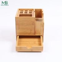 China Bamboo Multifunctional Pen Holder With Drawer And Tape Cutter for sale
