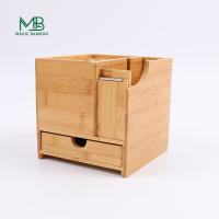 China Bamboo Multifunctional Pen Holder With Drawer And Tape Cutter for sale