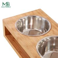 China Bamboo Pet Feeder With Double Position Steel Bowls Rectangle for sale