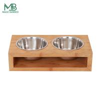 China Bamboo Pet Feeder With Double Position Steel Bowls Rectangle for sale