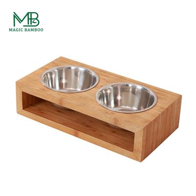 China Bamboo Pet Feeder With Double Position Steel Bowls Rectangle for sale