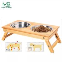 China Bamboo Foldable Pet Feeder Non-Slip Two Bowls for sale