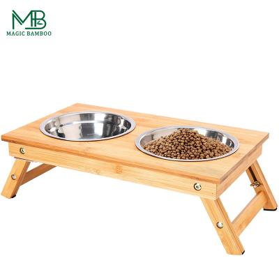 China Bamboo Foldable Pet Feeder Non-Slip Two Bowls for sale
