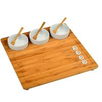 China Eco-friendly Bamboo Cheese Board Includes 3 Ceramic Bowls Spoons and Cheese Markers for sale