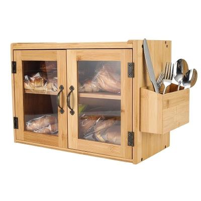 China Direct 2 Tier Wall Mounted Bamboo Bread Box with Clear Window and Silverware Holder for sale