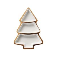 China Festive Bamboo Table Tray with Three Removable Ceramic Dishes and Christmas Tree Shape for sale