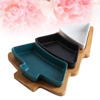 China Festive Bamboo Table Tray with Three Removable Ceramic Dishes and Christmas Tree Shape for sale