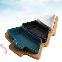 China Festive Bamboo Table Tray with Three Removable Ceramic Dishes and Christmas Tree Shape for sale