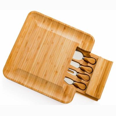 China Custom Logo Rectangle Bamboo Meat Charcuterie Cheese Board with Knives Durable Knives for sale