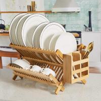 China Collapsible 3 tier Bamboo Wooden Dish Drying Rack With Utensil Holder for sale