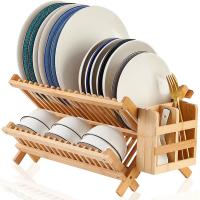 China Collapsible 3 tier Bamboo Wooden Dish Drying Rack With Utensil Holder for sale