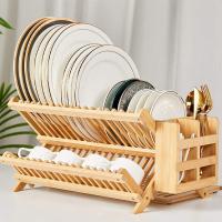 China Collapsible 3 tier Bamboo Wooden Dish Drying Rack With Utensil Holder for sale
