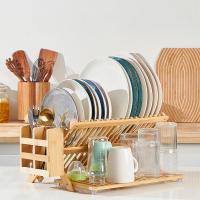 China Collapsible 3 tier Bamboo Wooden Dish Drying Rack With Utensil Holder for sale