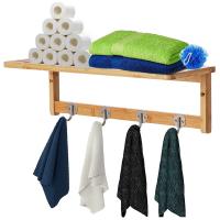 China Modern and Functional Solid Bamboo Wooden Bathroom Shelf with 4 Stainless Steel Hooks for sale