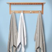 China Modern and Functional Solid Bamboo Wooden Bathroom Shelf with 4 Stainless Steel Hooks for sale