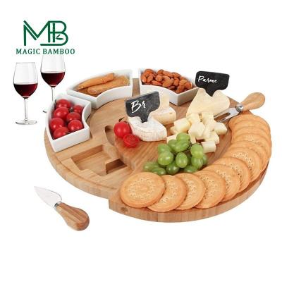 China Natural Removable Snack Ceramic Server Bowls with Round Bamboo Cheese Board 33X33X5CM for sale