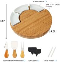 China Natural Removable Snack Ceramic Server Bowls with Round Bamboo Cheese Board 33X33X5CM for sale