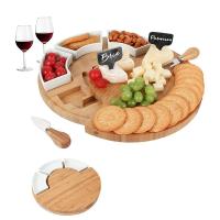 China Natural Removable Snack Ceramic Server Bowls with Round Bamboo Cheese Board 33X33X5CM for sale