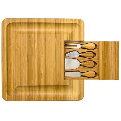 China Bamboo Cheese Board Cutting Board with Square Built-In Knife And Fork Rectangle Shape for sale