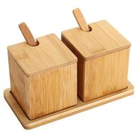 China Natural Bamboo Square Salt Spice Herb Dry Storage Box With Lid Spoon 17x7.1x8.2cm for sale