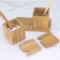 China Natural Bamboo Square Salt Spice Herb Dry Storage Box With Lid Spoon 17x7.1x8.2cm for sale