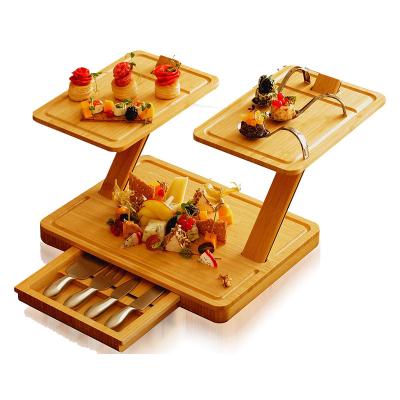 China Bamboo Modular Platter Serving Tray With Slide Out Drawer And 3 Tier Cheese Board Set for sale