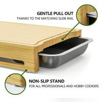 China Custom Sustainable Rectangle Bamboo Chopping Board with Stainless Steel Drip Trays for sale