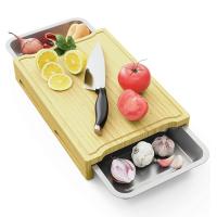 China Custom Sustainable Rectangle Bamboo Chopping Board with Stainless Steel Drip Trays for sale