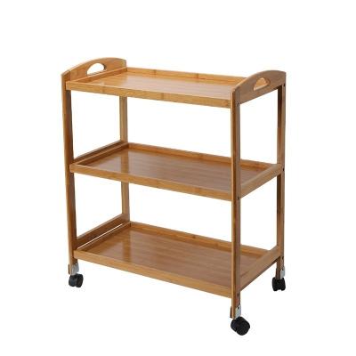 China Direct Customized Logo 3 Tiers Island Cart for Hotel with Bamboo Material and Wheels for sale