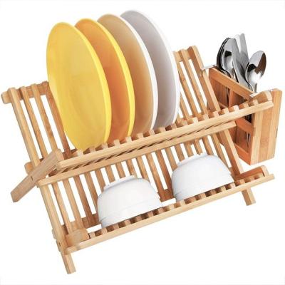 China BAMBOO Rectangle Folding Plates Cups Stand Holder Collapsible Dish Drying Drainer Rack for sale