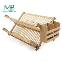China BAMBOO Rectangle Folding Plates Cups Stand Holder Collapsible Dish Drying Drainer Rack for sale
