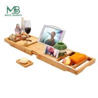 China Extendable Sides Luxury Bamboo Bathtub Caddy Trays for Books Tablets and Wine Glass for sale