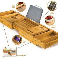 China ODM Expandable Bath Caddy Bamboo Wood Bath Tub Tray Eco Friendly for sale