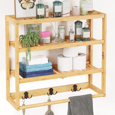 China OEM Bamboo Bathroom Wall Shelf Over Toilet Storage With Hooks for sale