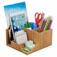China 20x18x10cm Bamboo Desk Organizer Carved Pen Holder for Office Supplies Classic Design for sale