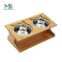 China 35x17.5x13cm Bamboo Elevated Dog Cat Food Stand Feeder with 2 Stainless Steel Raised Bowls Customer Logo for sale