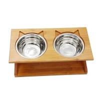 China 35x17.5x13cm Bamboo Elevated Dog Cat Food Stand Feeder with 2 Stainless Steel Raised Bowls Customer Logo for sale