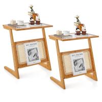 China Natural Color Z-Shaped Bamboo And Rattan End Table With Glass Top And Magazine Rack for sale
